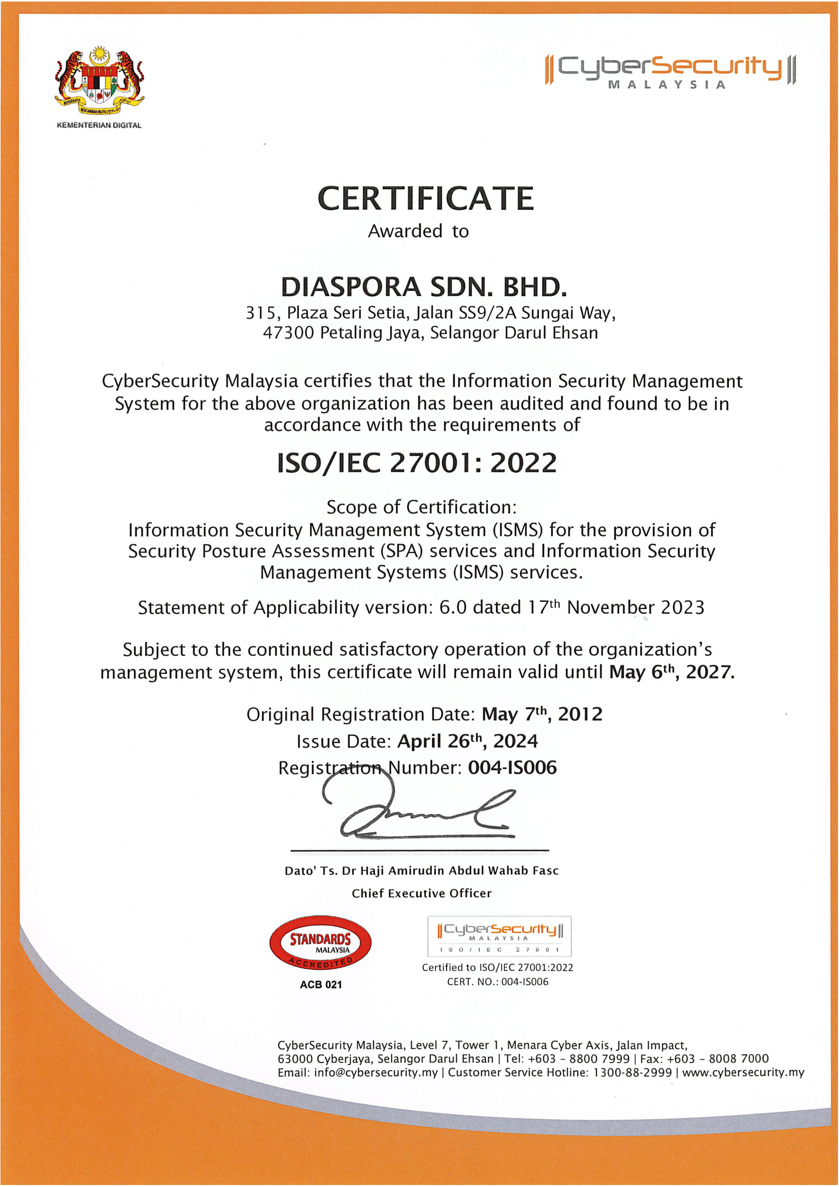 Our Certification – Diaspora Sdn Bhd – Diaspora: ISO/IEC 27001:2022 ...